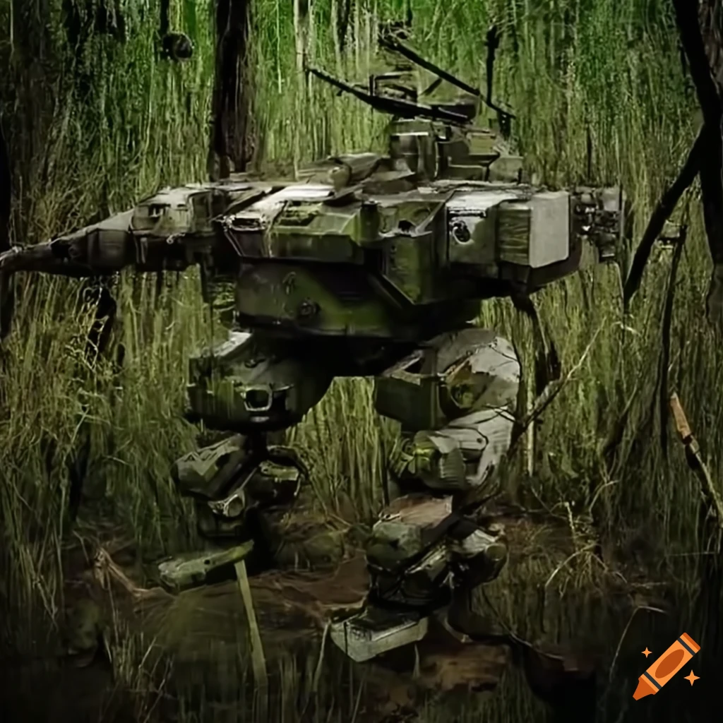 Image of a light armored mech in a swamp on Craiyon
