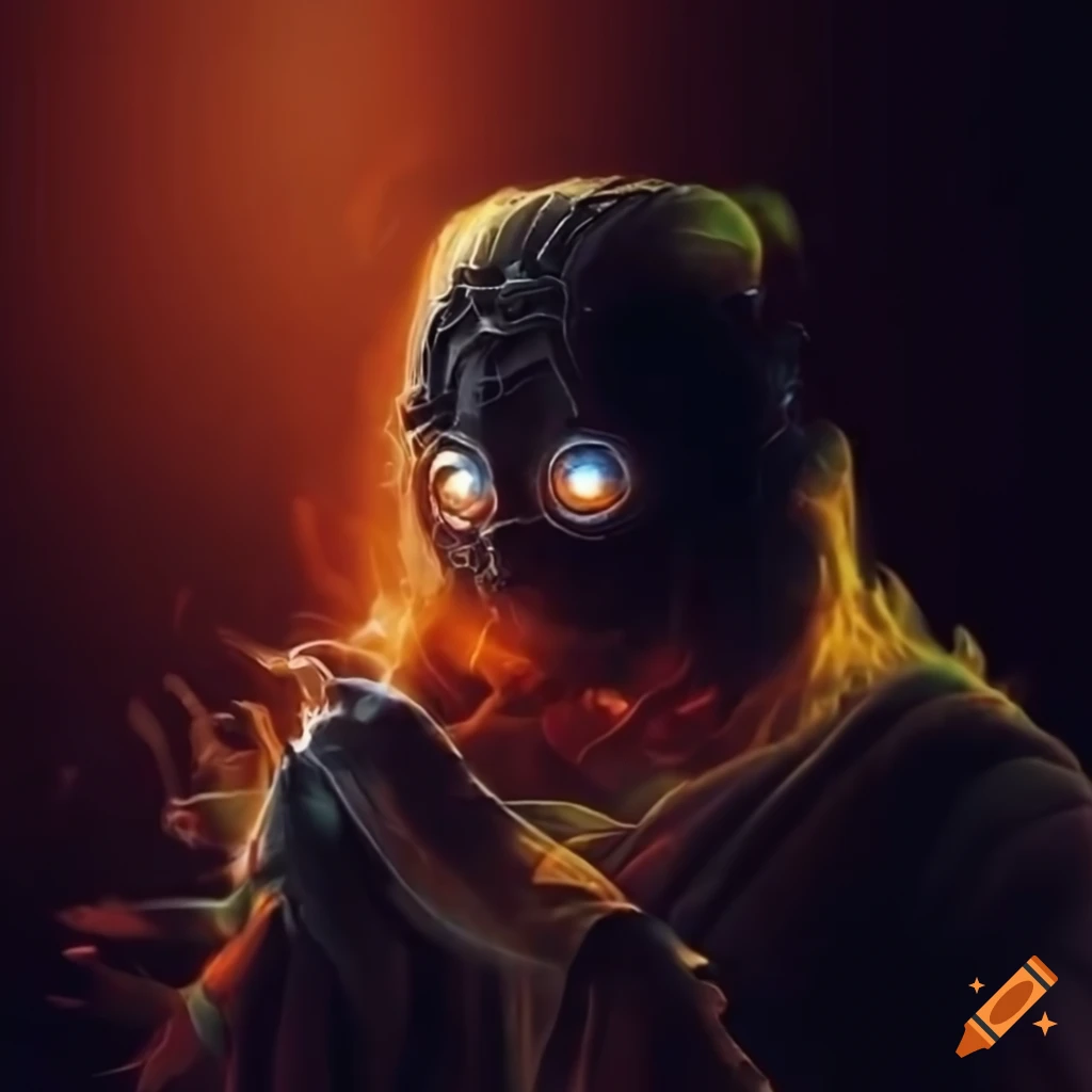Close-up photo of a cyborg wizard with warm colors on Craiyon