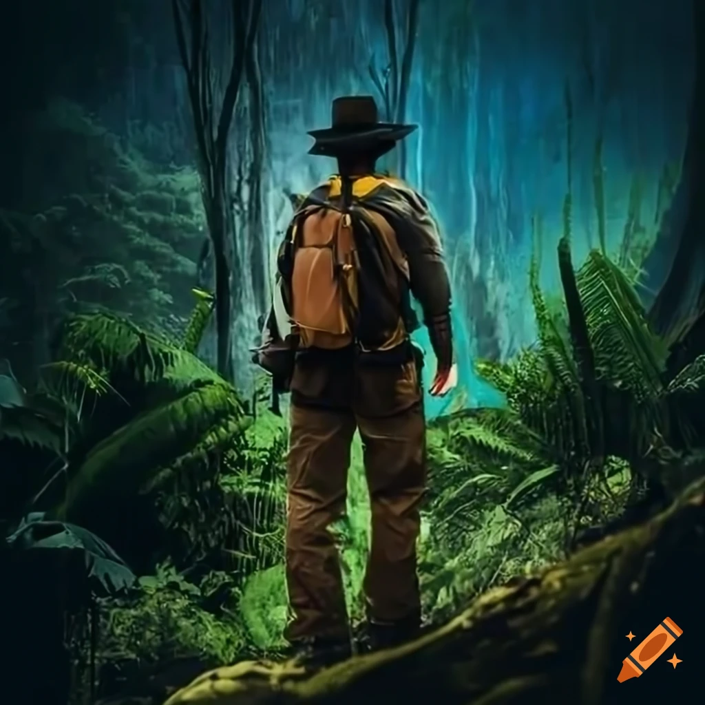 Explorer hiking in jungle mountains with holsters and a large knife on ...