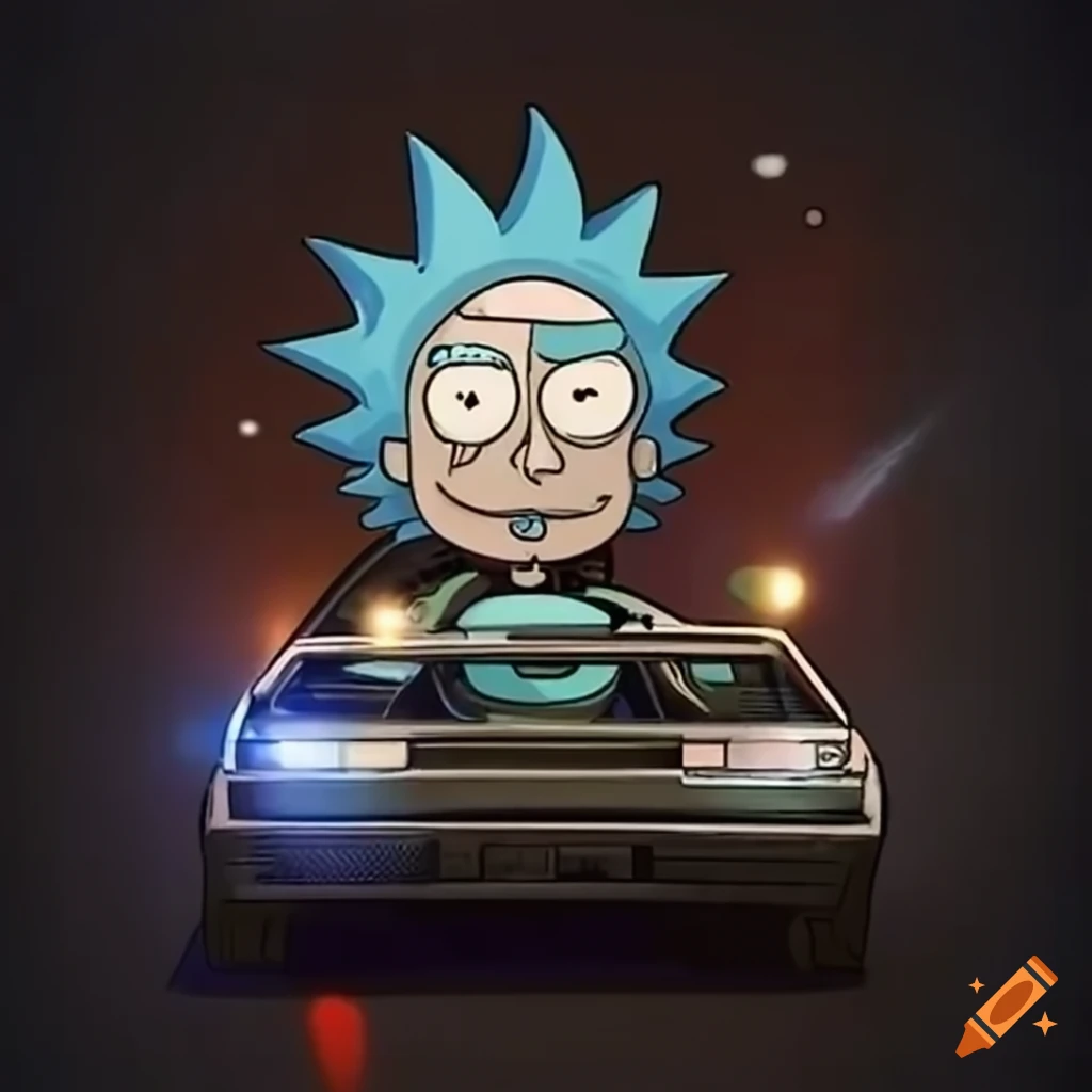 Rick from rick and morty driving a time-traveling delorean on Craiyon