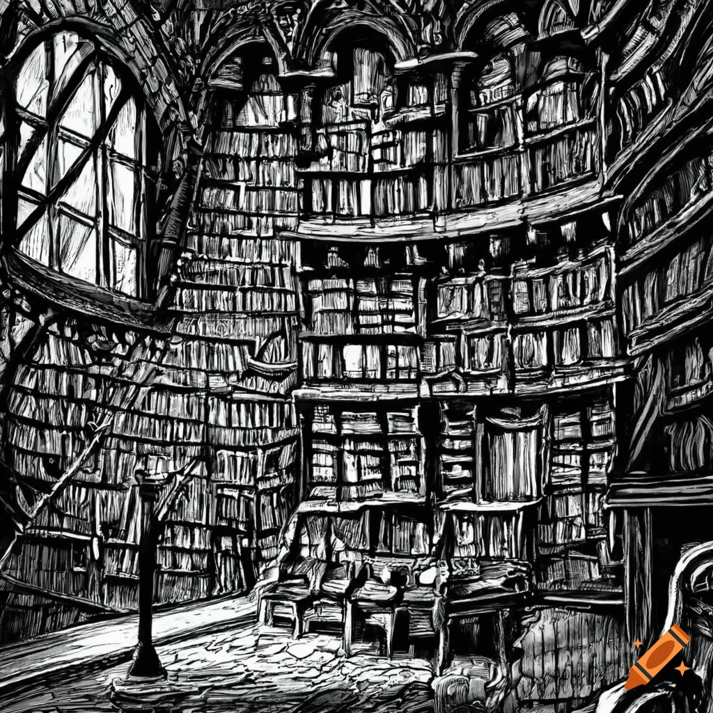 Intricately detailed hand-drawn wizard's library on Craiyon
