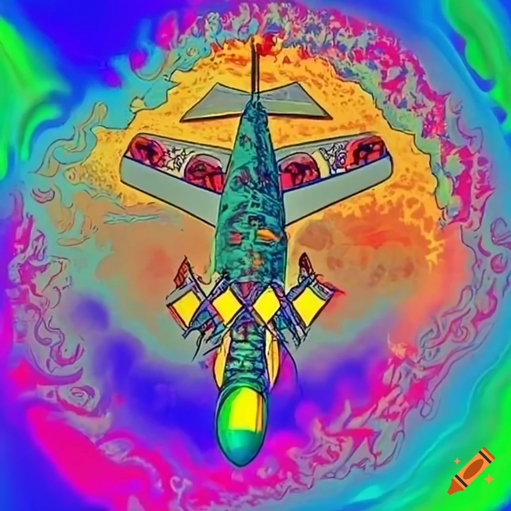 Psychedelic illustration of aircraft dropping LSD on Craiyon