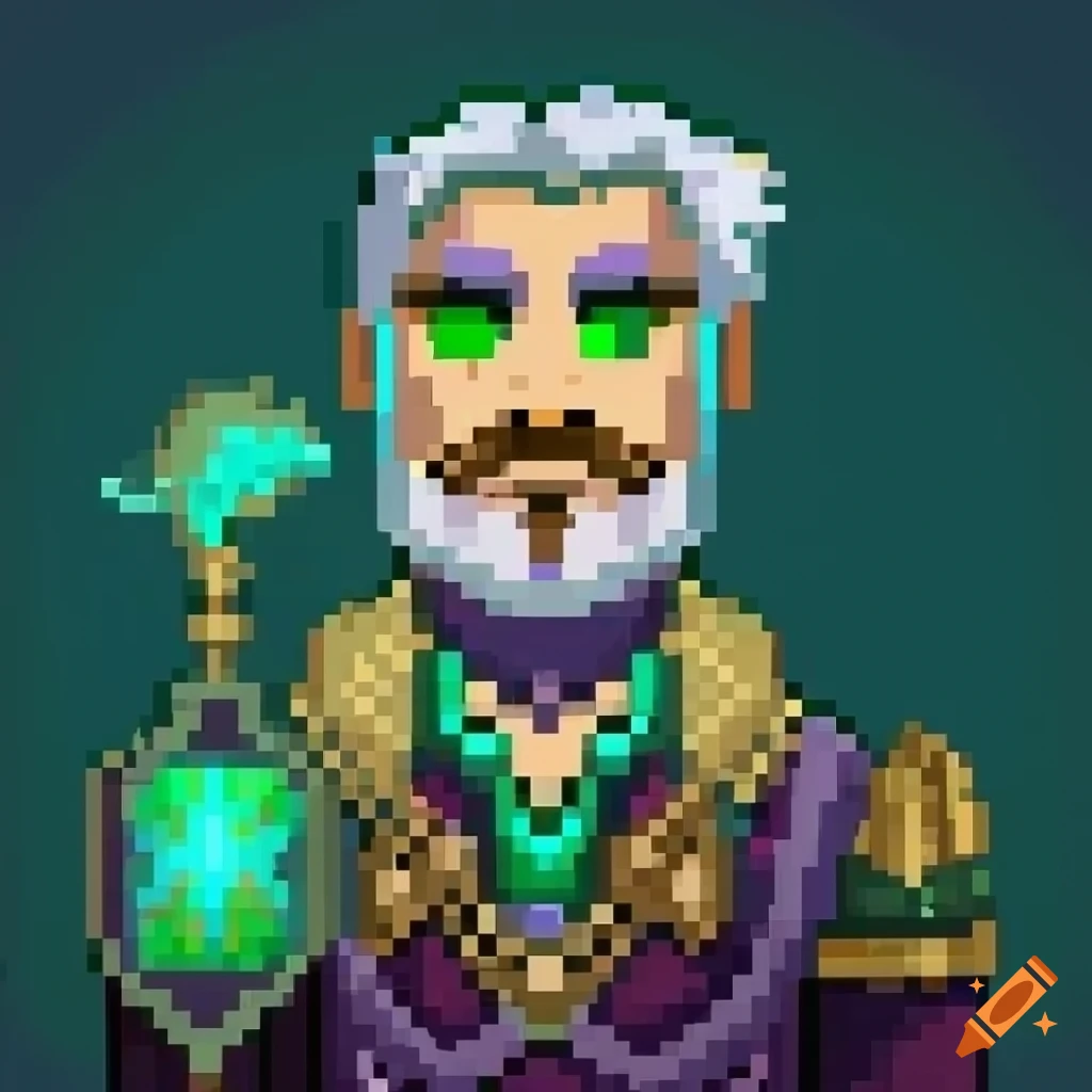 Pixel art of a male bard with a white beard and green amulet on Craiyon