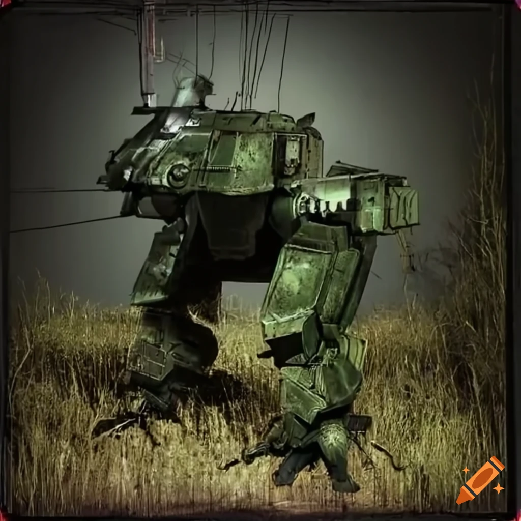 Camouflaged reconnaissance mech in a marsh at night on Craiyon