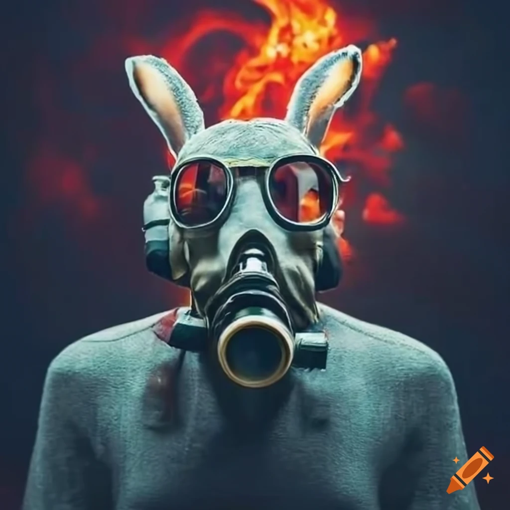Concept art of a rabbit wearing a gas mask on Craiyon