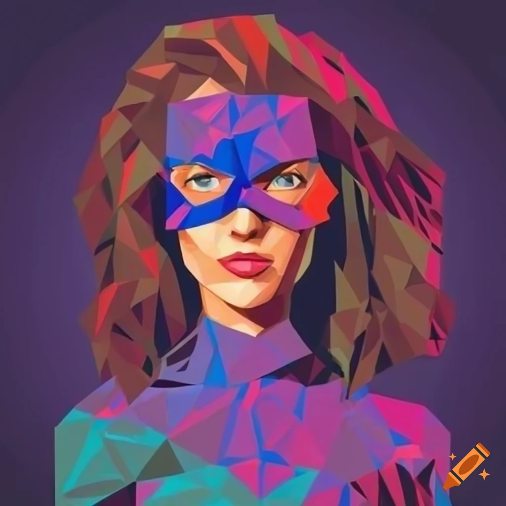 Polygon masked hero girl portrait in retro style