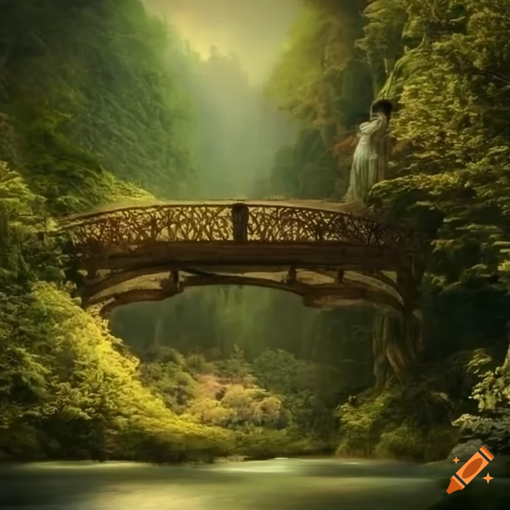 Ancient vine bridge in sharp focus with spectacular lighting on a black ...