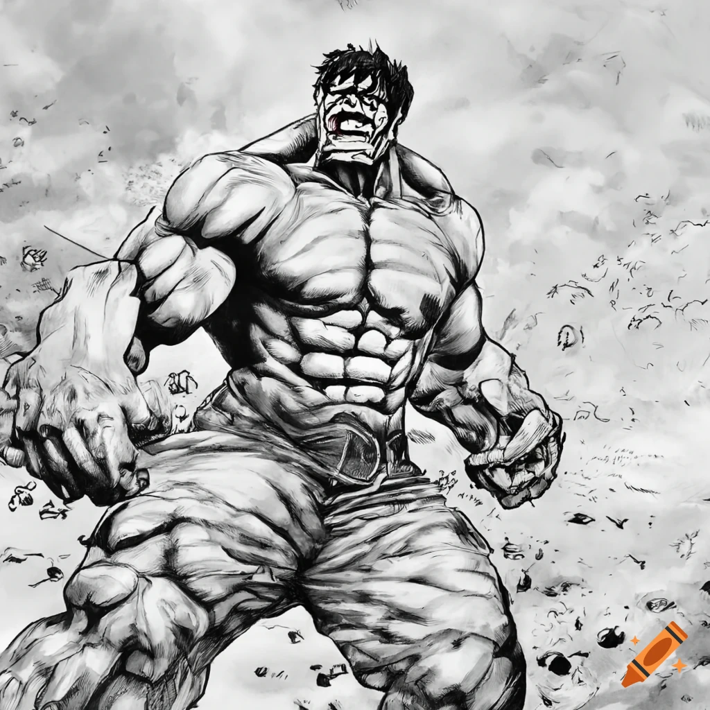 Black and white drawing of the hulk in a raging pose on Craiyon