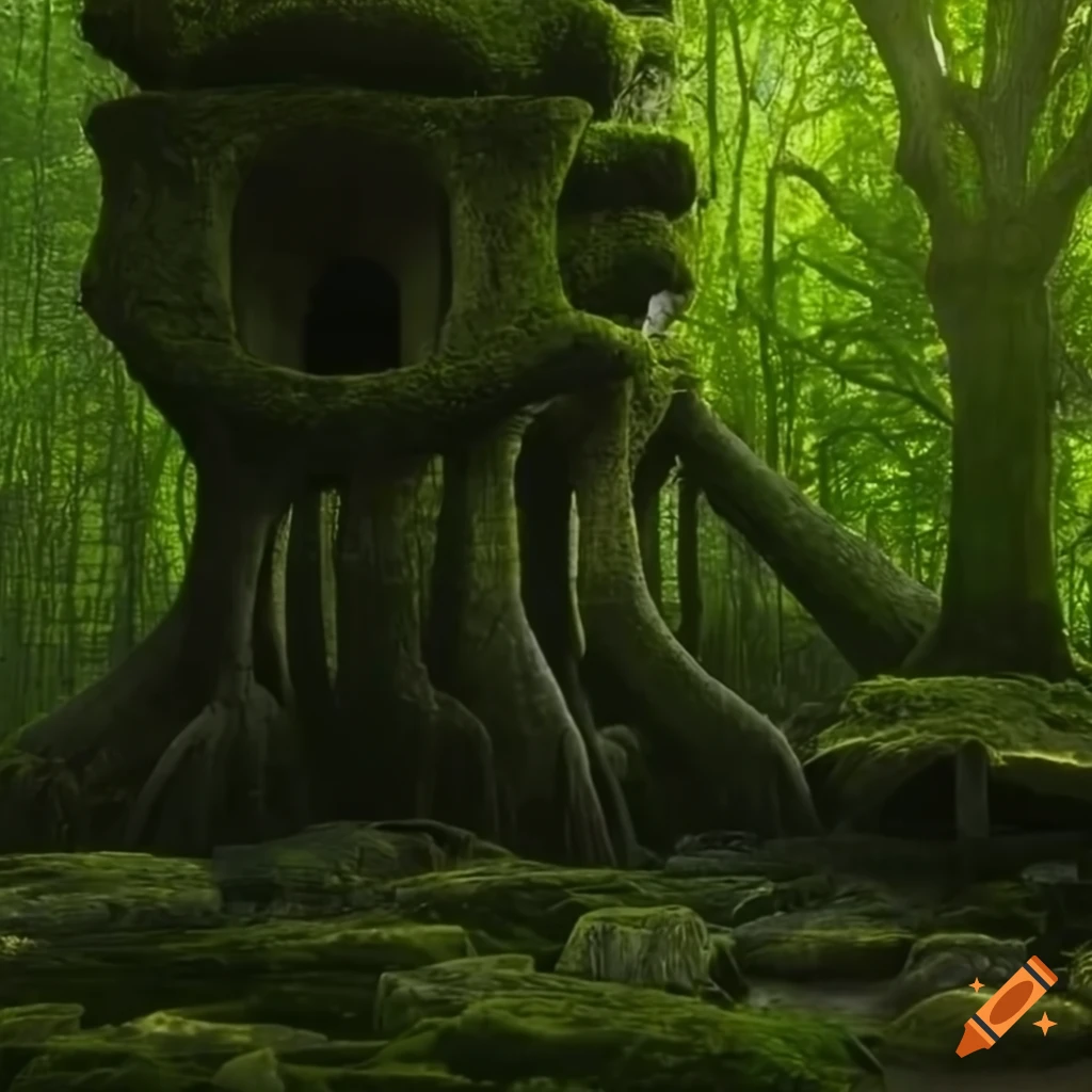 Mangrove forest with moss-covered medieval tower on Craiyon
