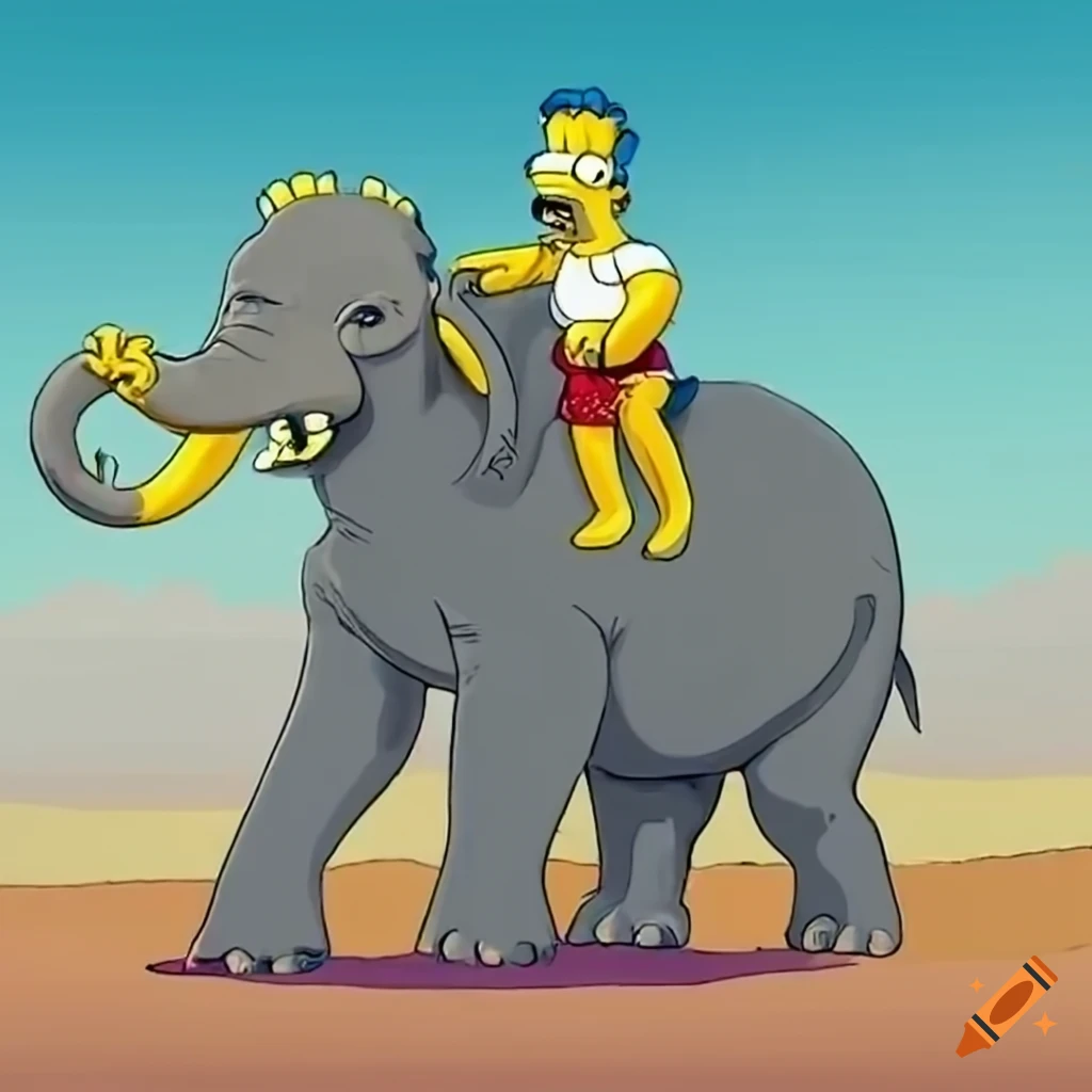 Homer simpson riding an elephant on a zebra