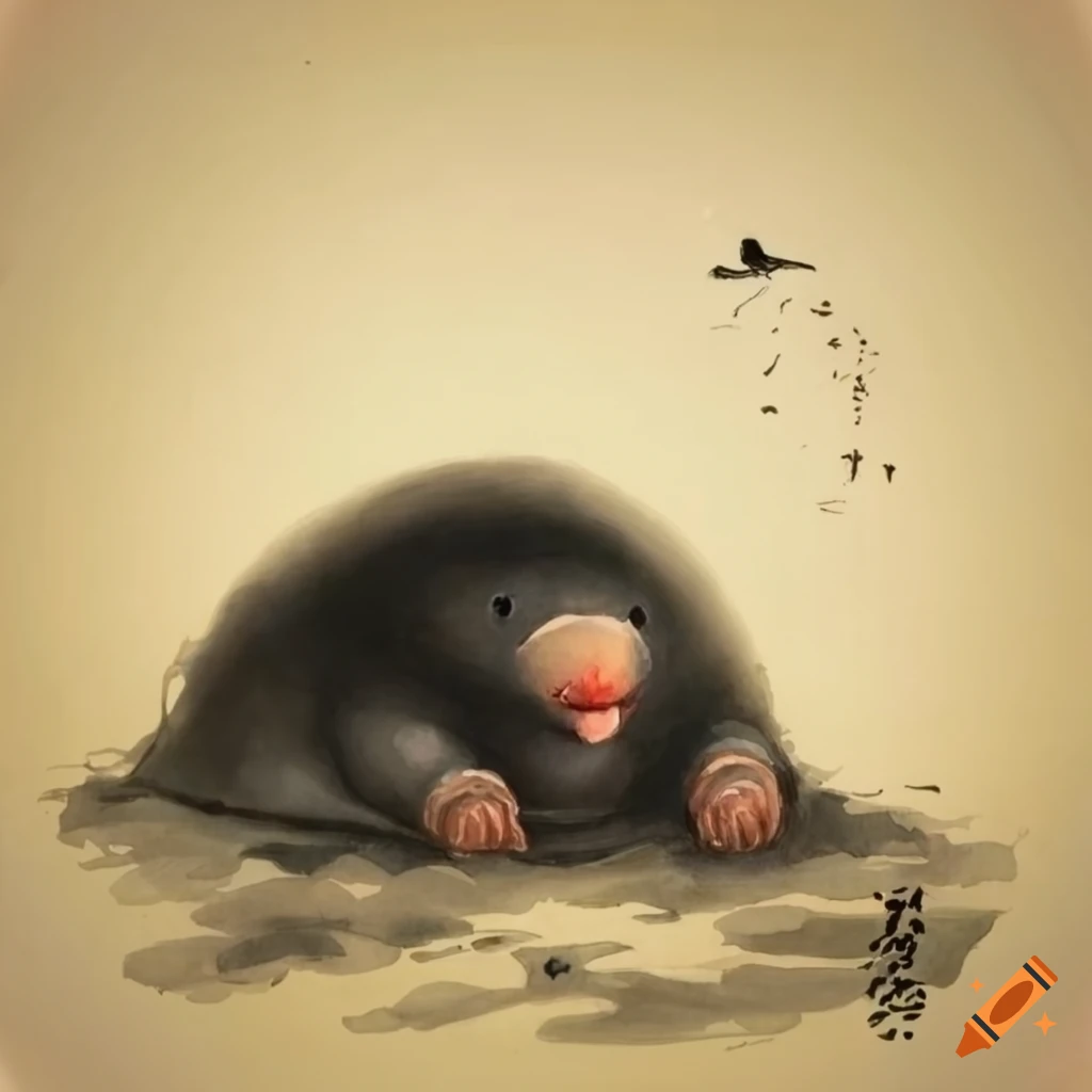Chinese ink painting of a cute mole in burrow
