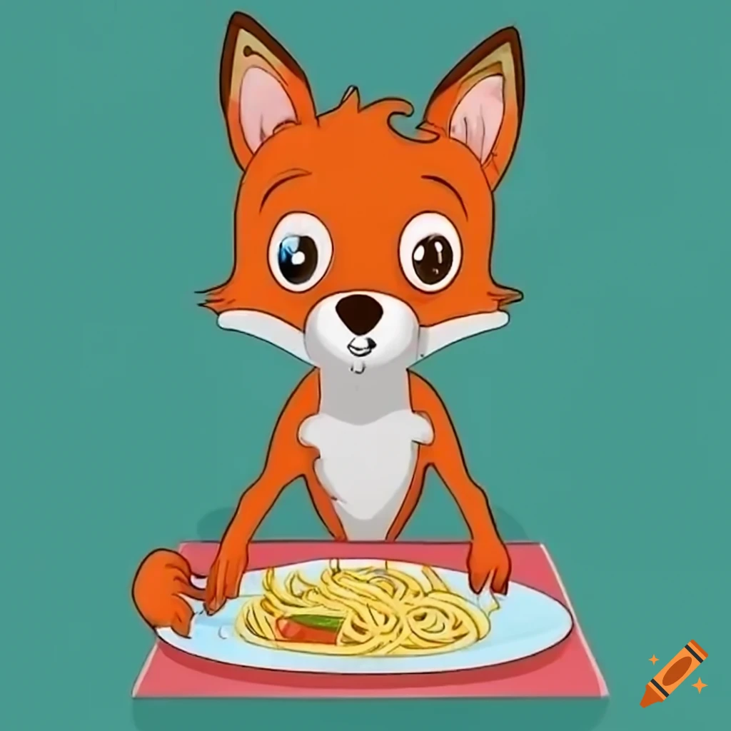 Cartoon fox eating spaghetti