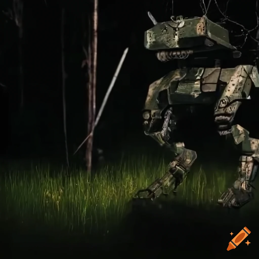 Camouflaged armored mech in a swamp on Craiyon