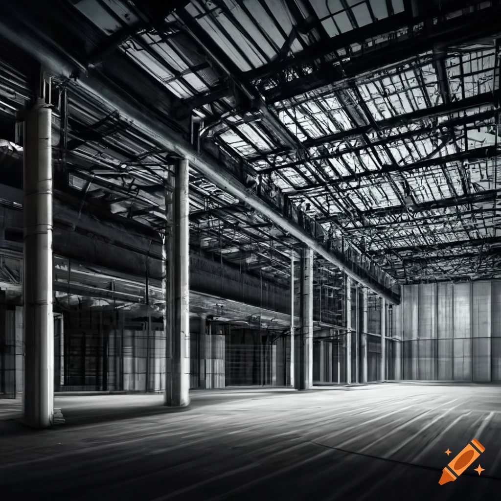 Render of a tall factory warehouse with rafters on Craiyon