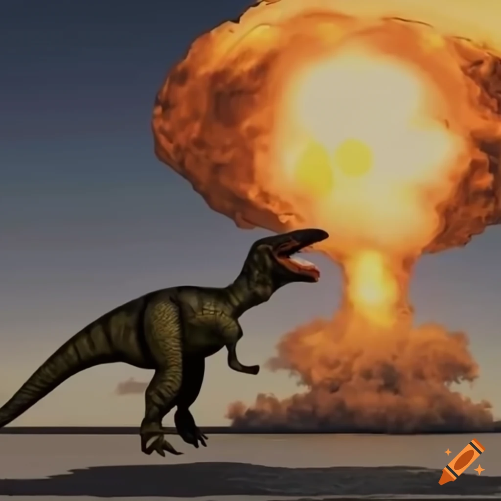 Dinosaur roaring with nuclear explosion in the background on Craiyon