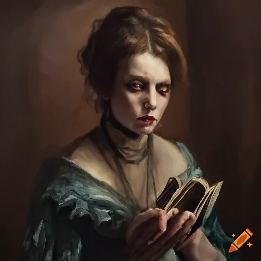 Painting of a woman with a book in a dark victorian style on Craiyon