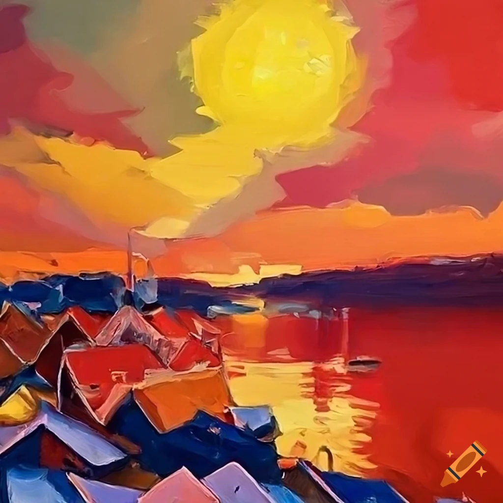 Oil painting of a colorful town by the seaside at sunset on Craiyon