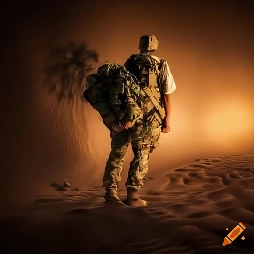 Army soldiers standing at attention in a desert military base on Craiyon