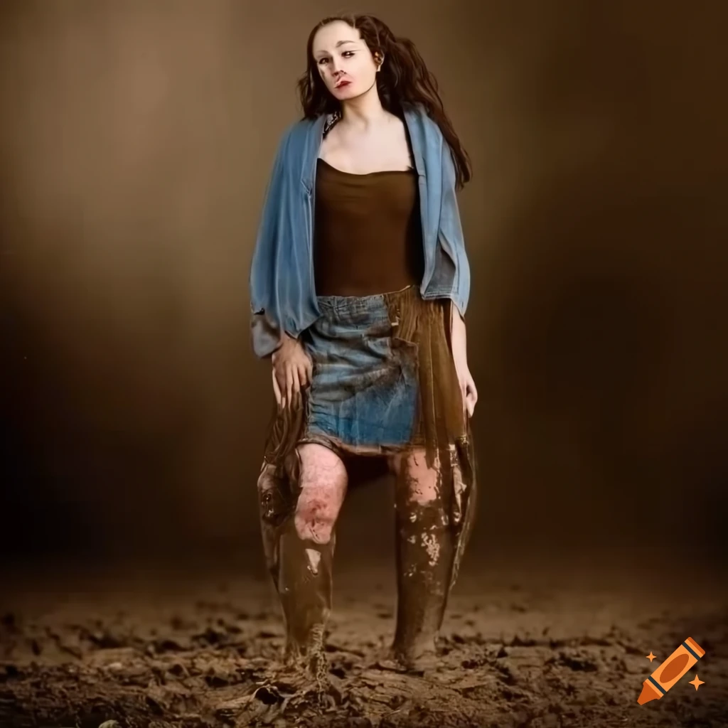 Woman posing in mud covered outfit on a field on Craiyon