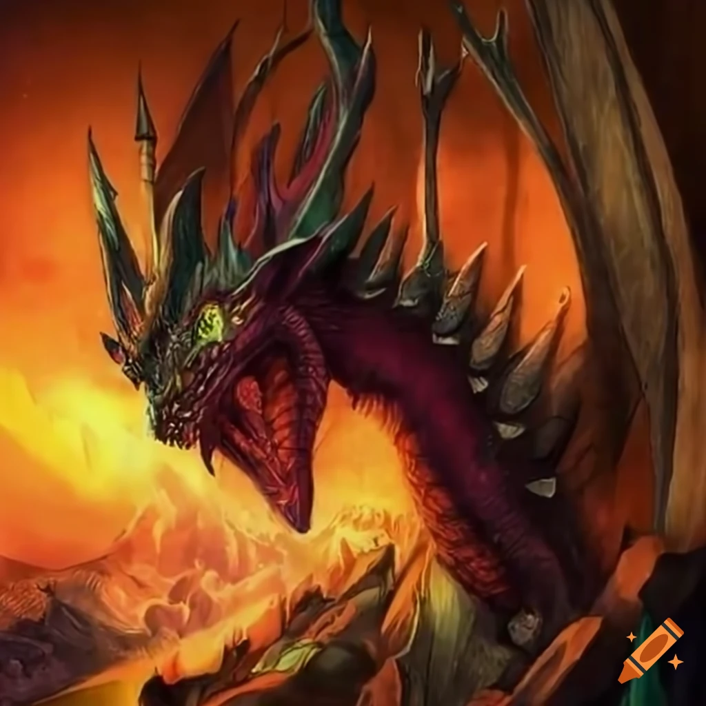 Epic battle between knight and dragon in volcanic landscape on Craiyon