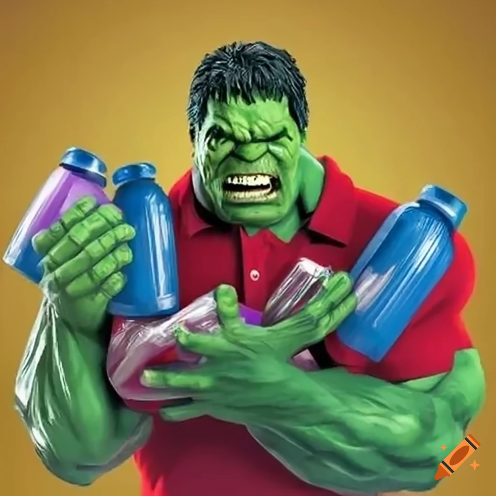 Hulk wearing a red polo shirt and carrying a bag of cans on Craiyon