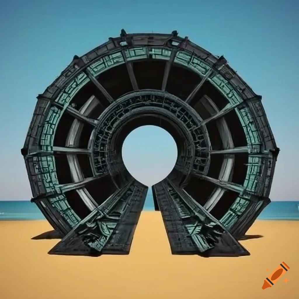 Black stargate on a sunny beach on Craiyon
