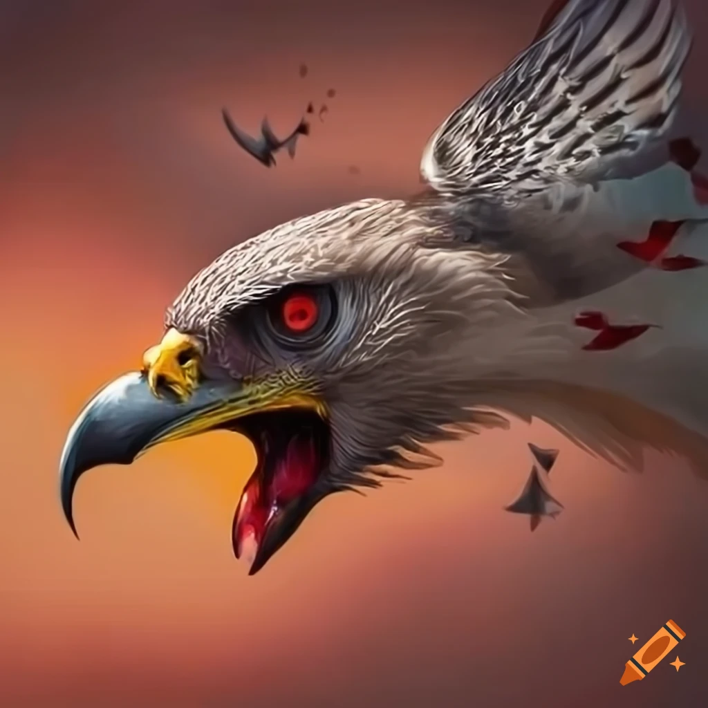 Image of a fierce bird of prey with red eyes in mid-flight