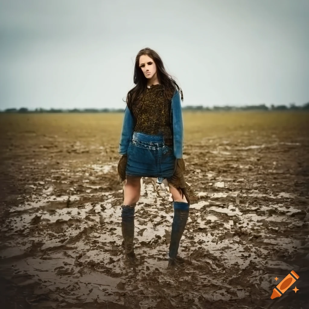 Woman posing in mud covered outfit on a field on Craiyon