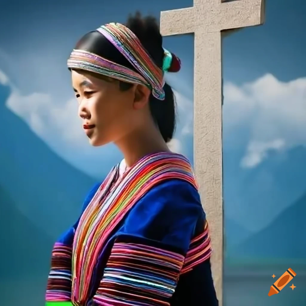 Hmong man standing in front of a christian cross on Craiyon