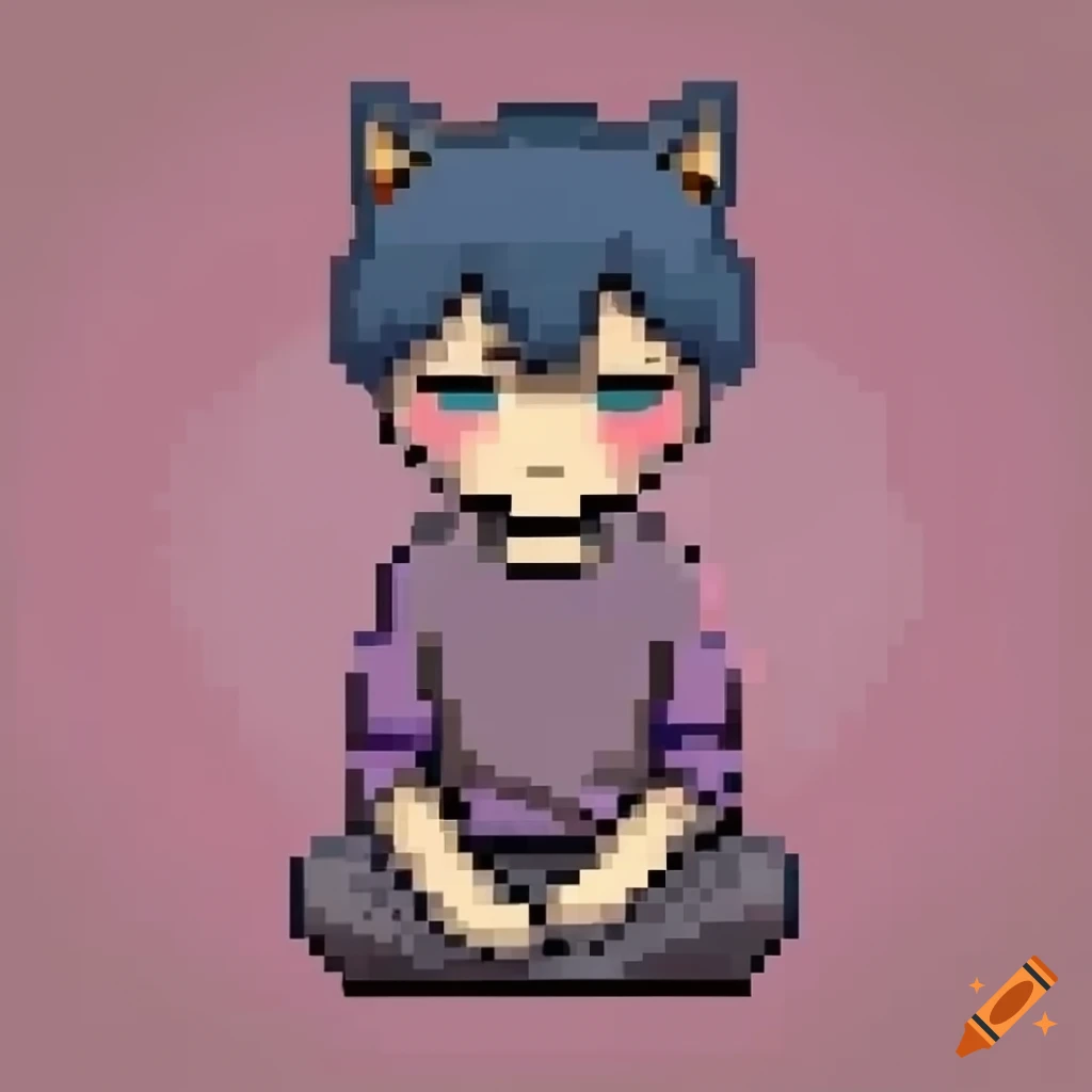 Pixel art of a blushing cat boy sitting on the floor