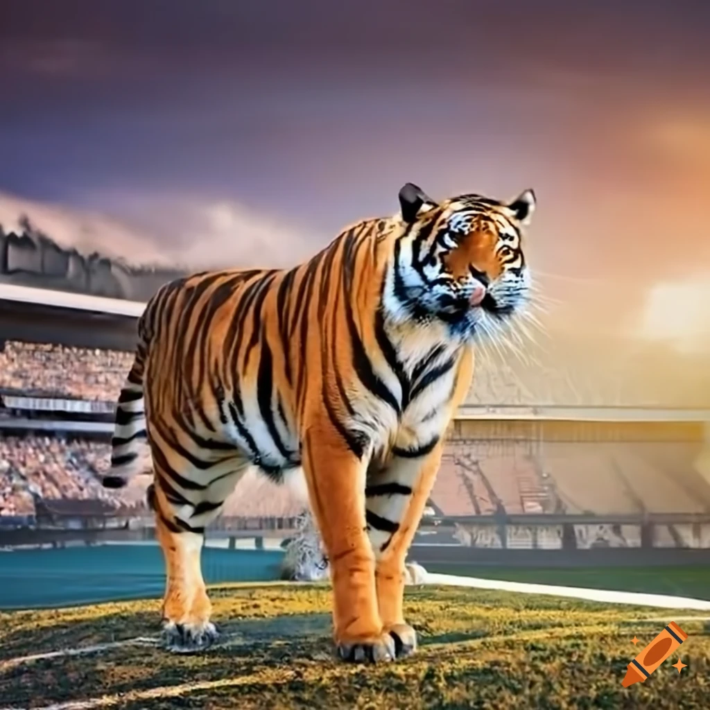 Tiger playing football with a boy at the beach on Craiyon