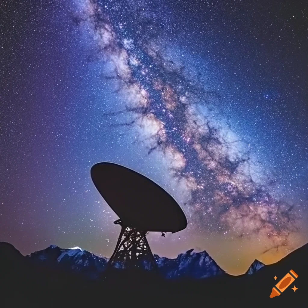 Night sky with mountains and a radio telescope on Craiyon