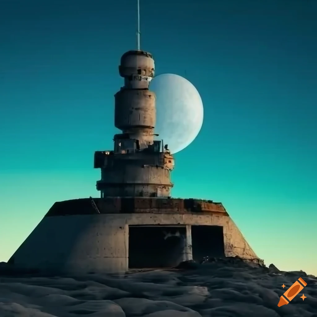 Concrete military fort with radio tower and laser gun in a rocky desert ...