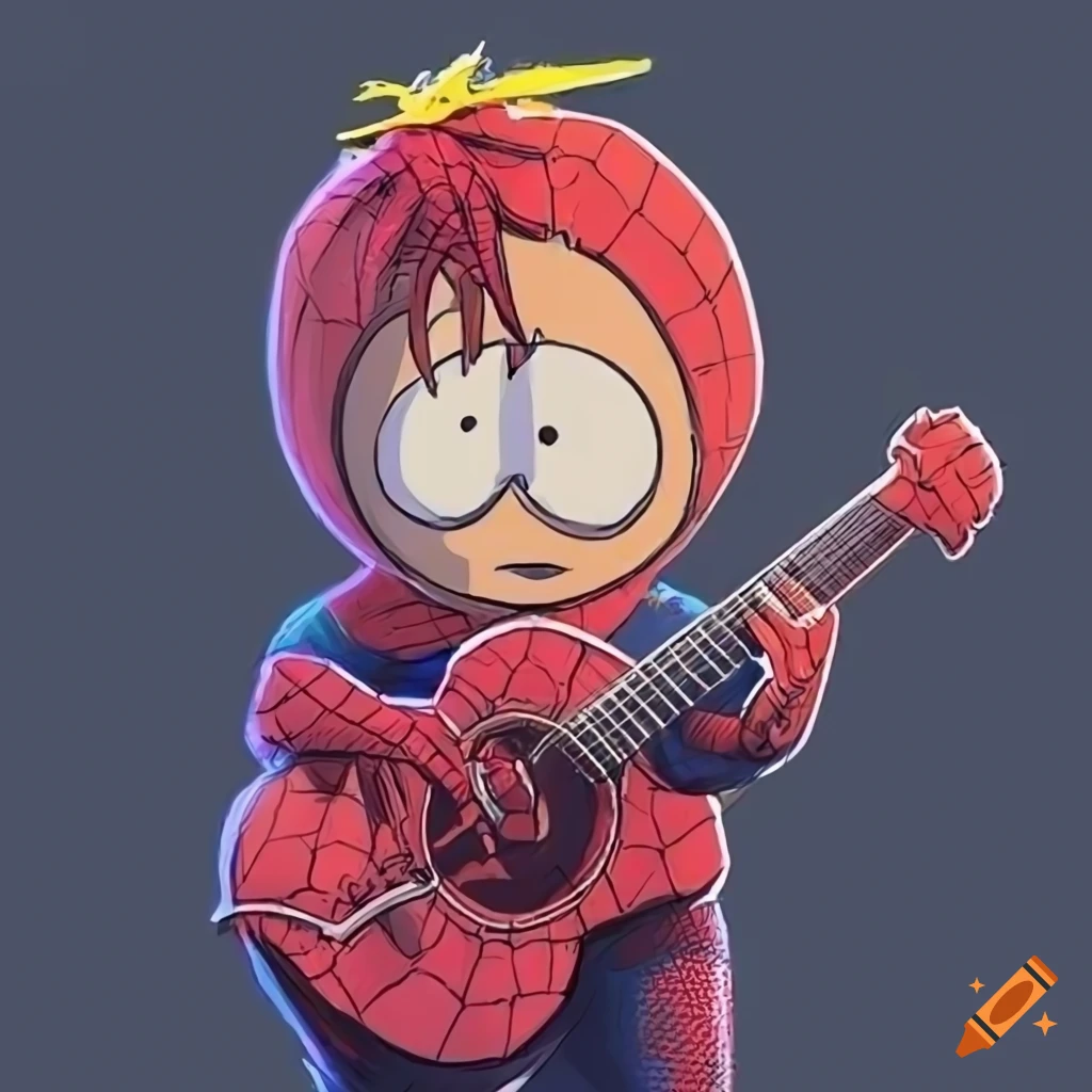 Satirical image of butters dressed as spider-man playing guitar on Craiyon