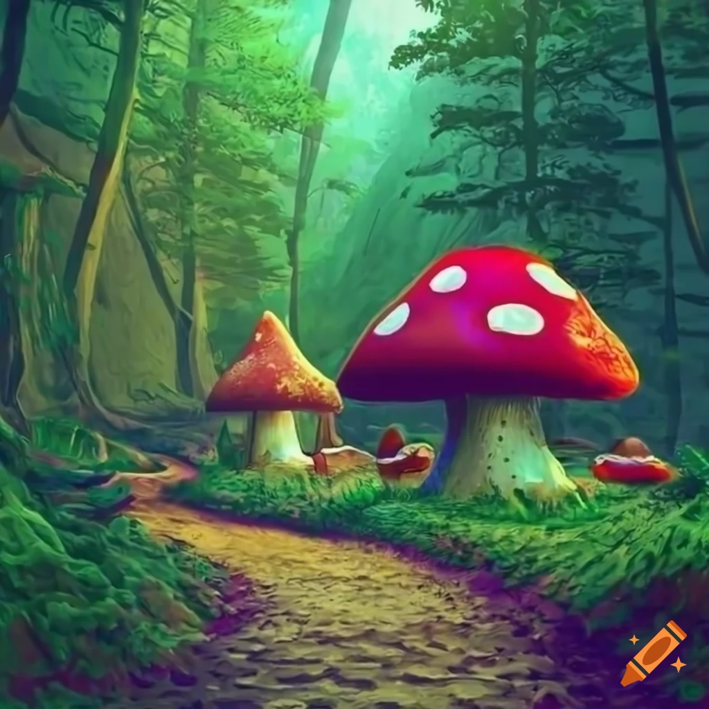 Psychedelic path with mushroom house