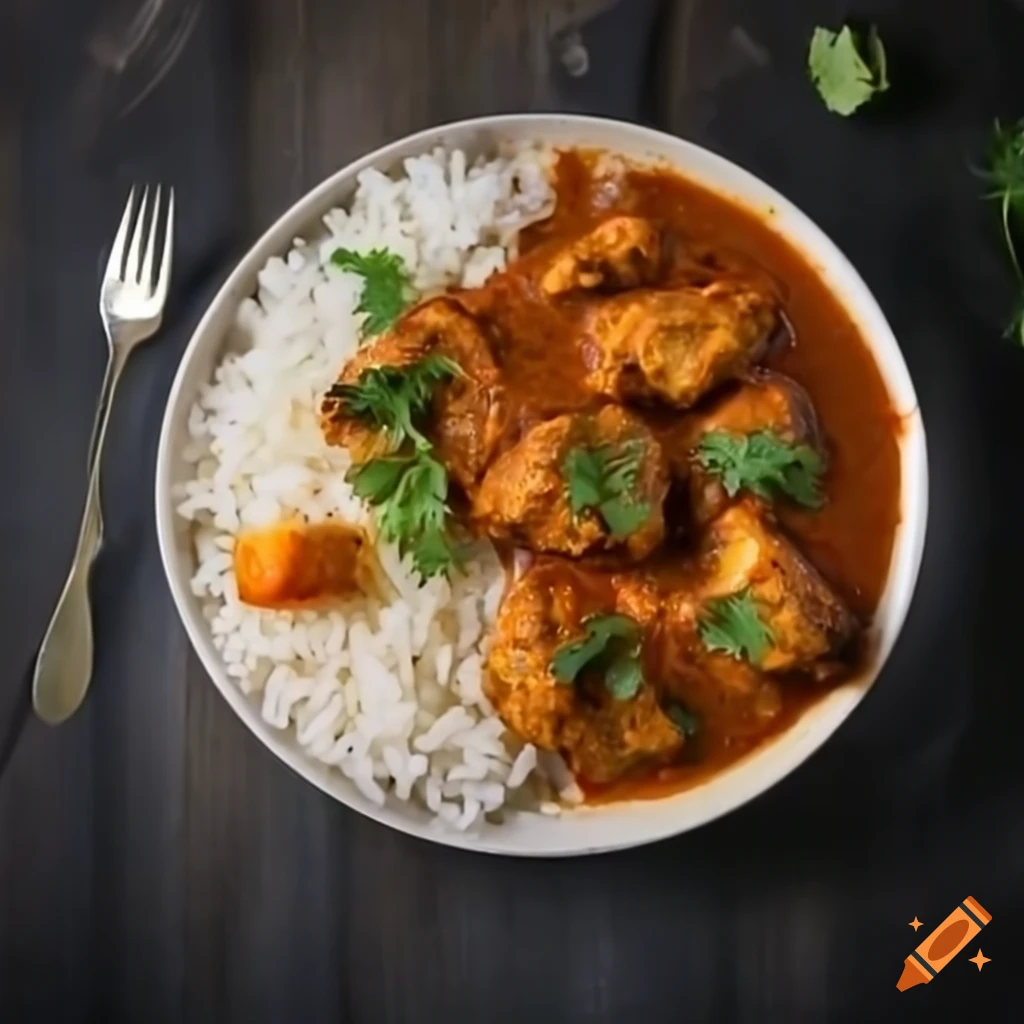 Plate of chicken tikka masala with rice on Craiyon
