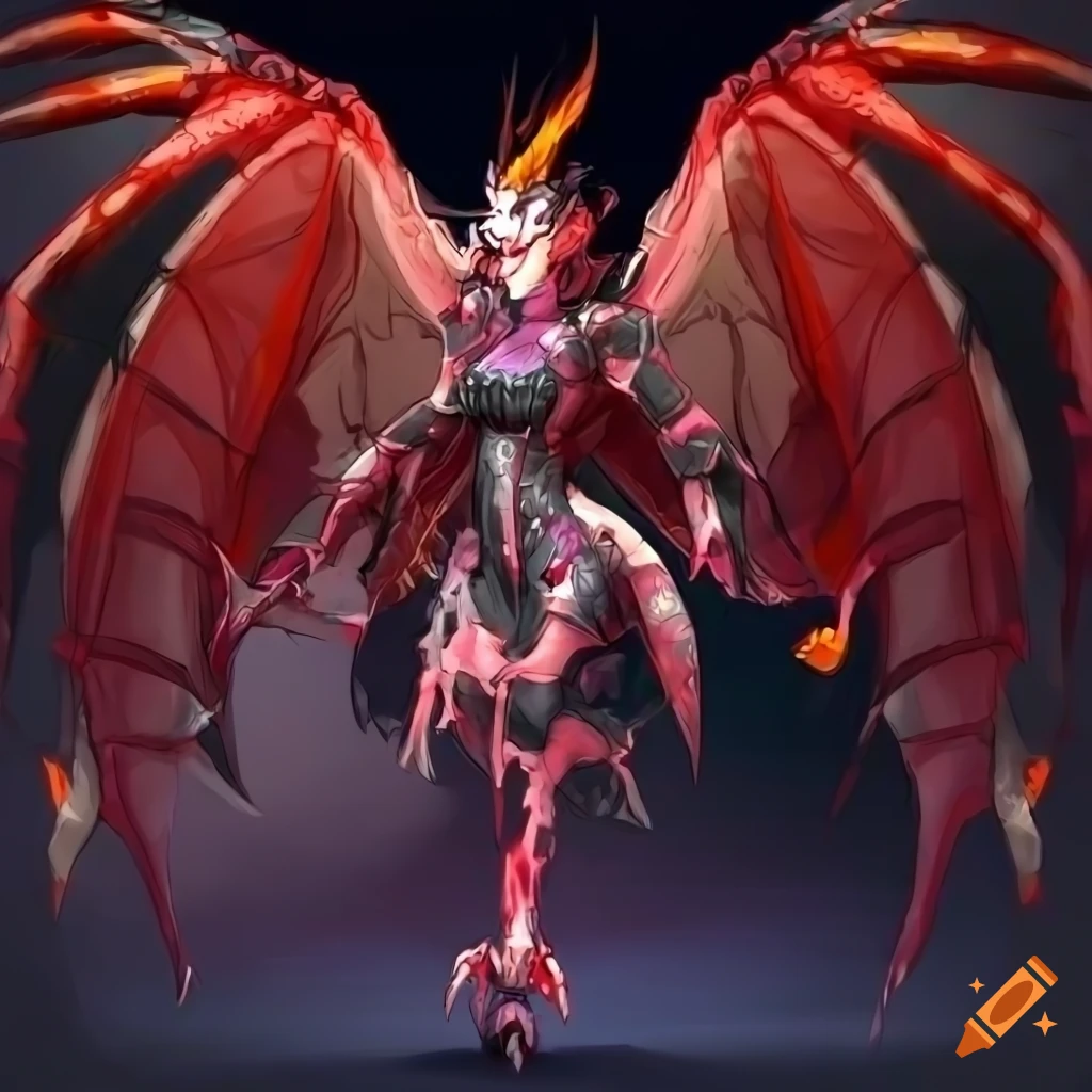 Artwork of a fierce dragon-like female character