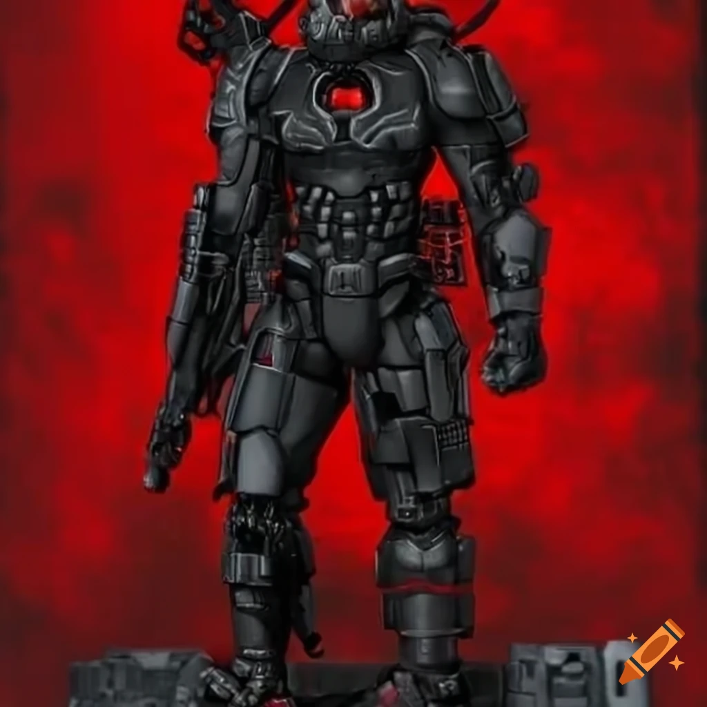 Cyborg soldier in black and red on dark background