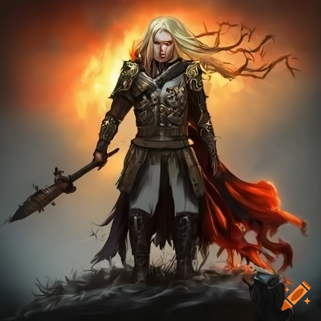 Fantasy general with flowing blonde hair on the battlefield on Craiyon