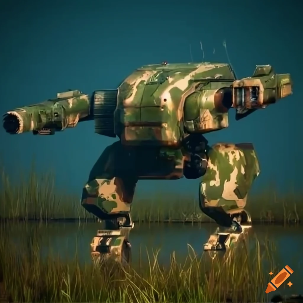 Light armored mech in swamp at night
