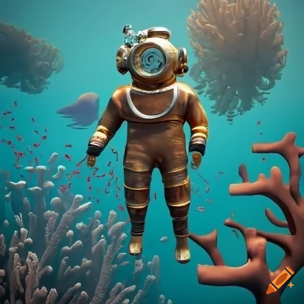 3d rendering of an old copper diving suit surrounded by colorful corals ...