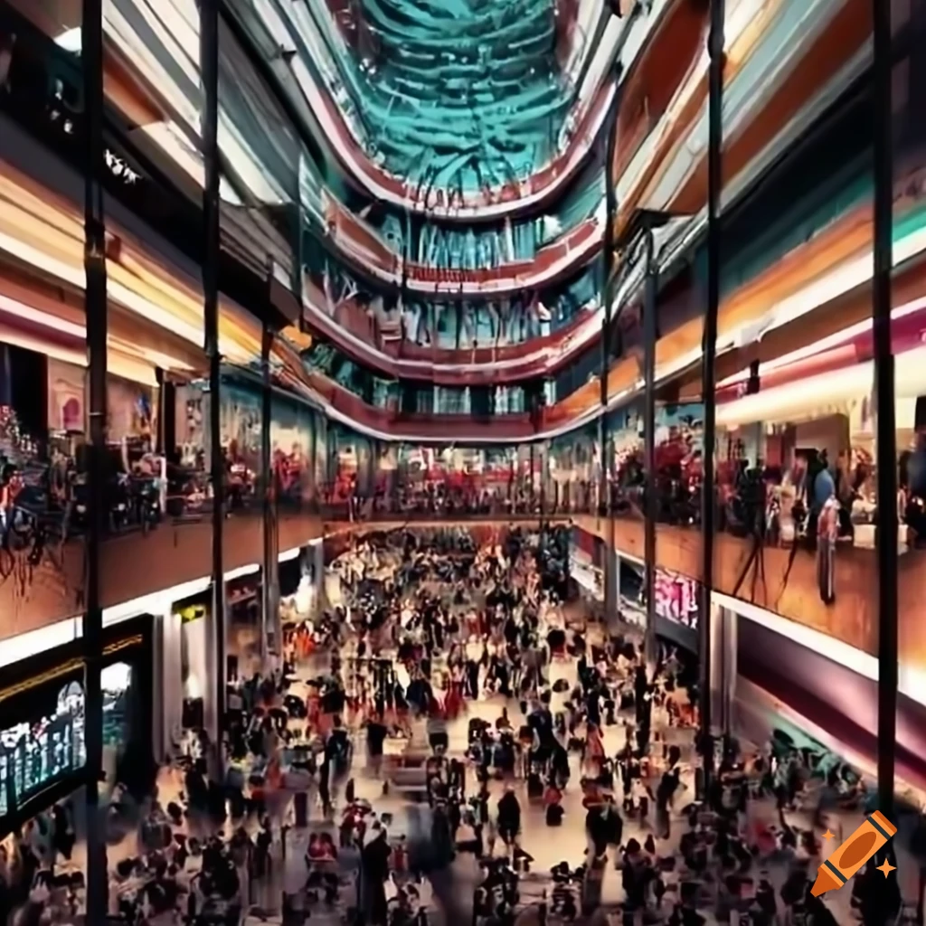 Realistic depiction of an overcrowded shopping mall