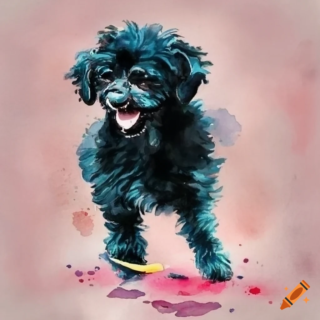 Watercolor of a black aussiedoodle playing frisbee