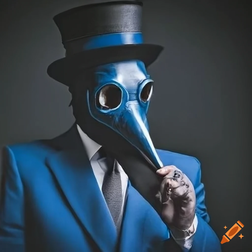 Tall man in black suit with red tie wearing plague doctor mask on Craiyon