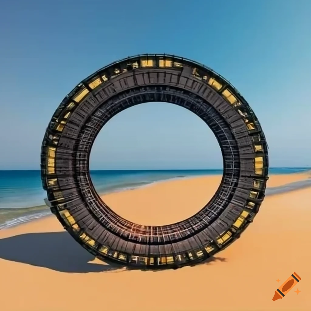Sunny beach with a large blue stargate on Craiyon