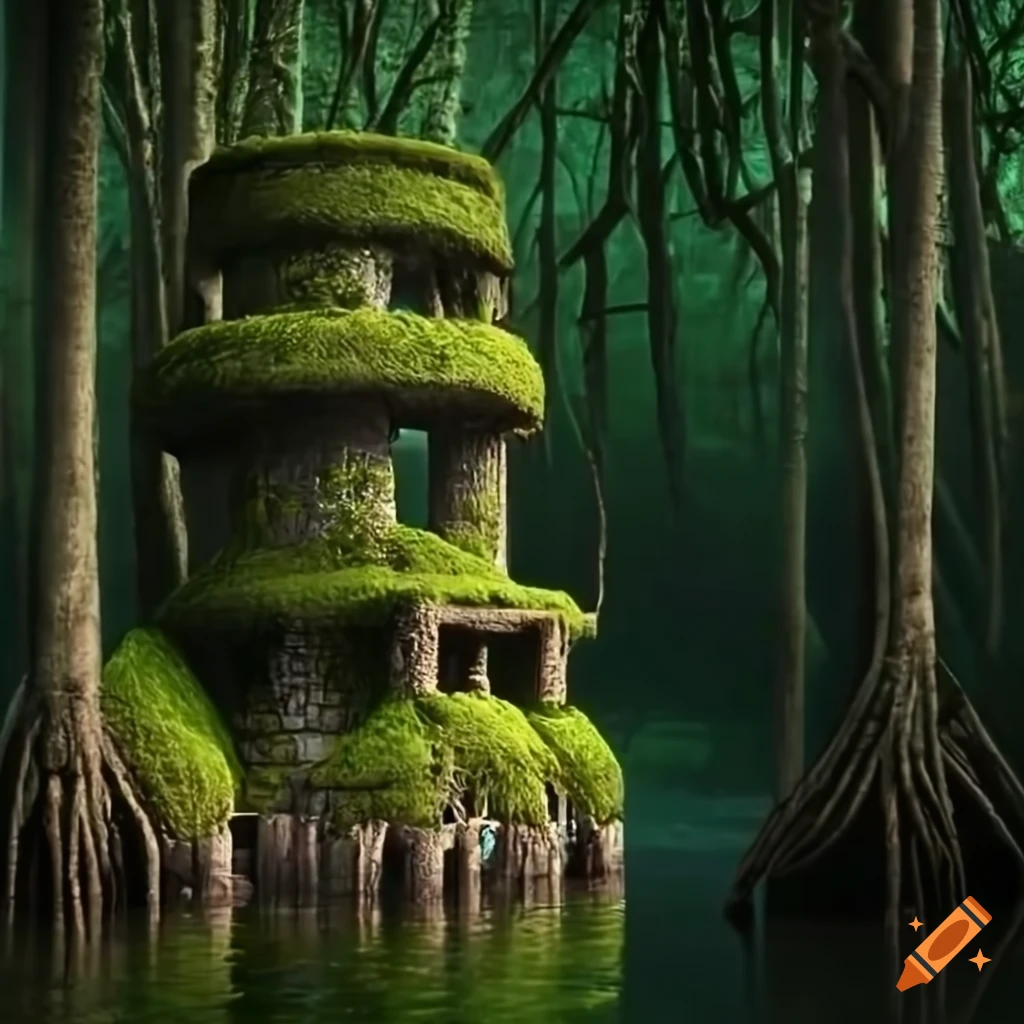 Mangrove forest with a medieval stone tower on Craiyon