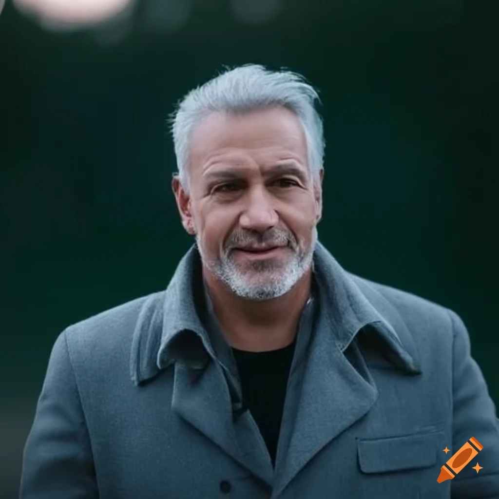 Fashionable grey-haired man in a grey coat on Craiyon