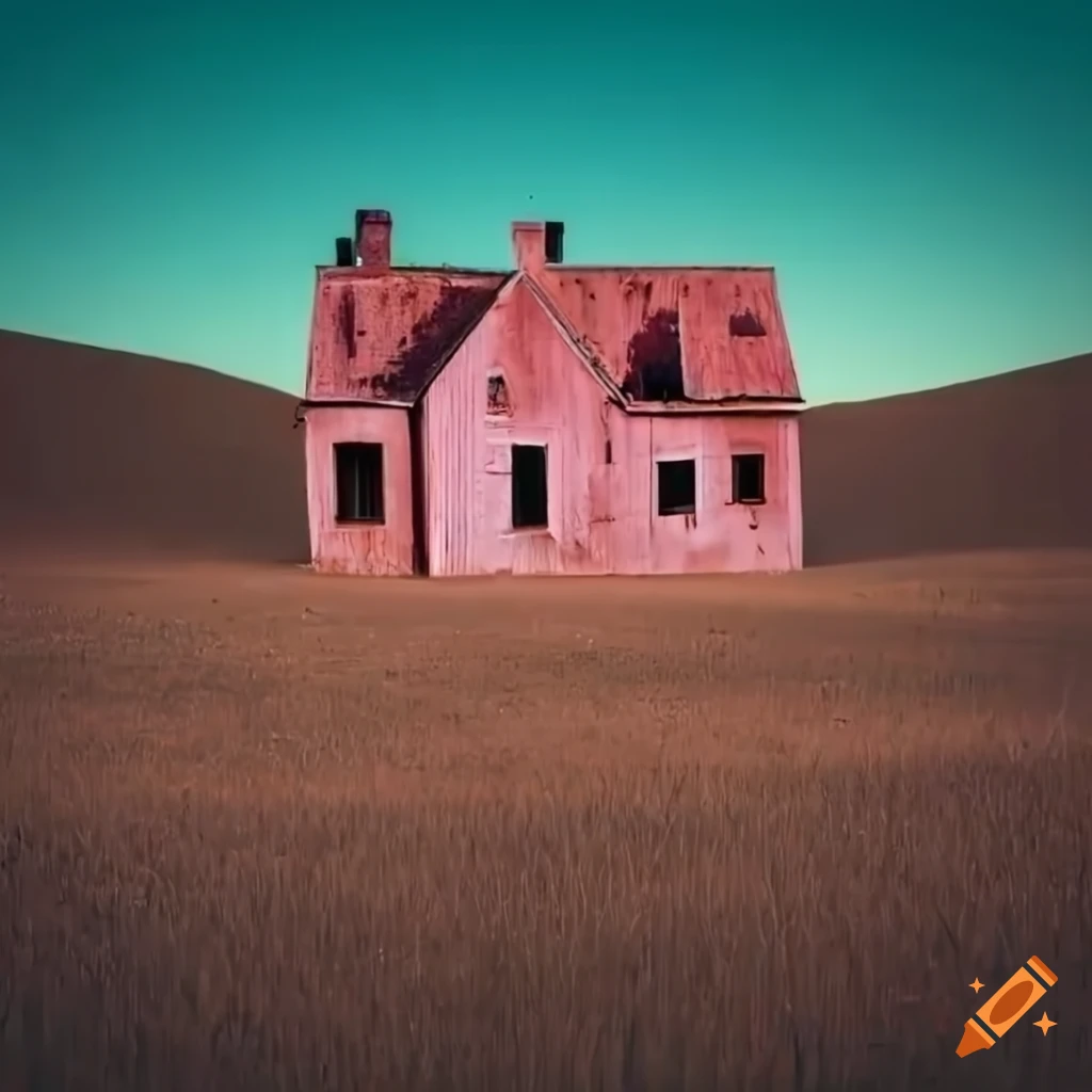 Surreal artwork of a walking pink house