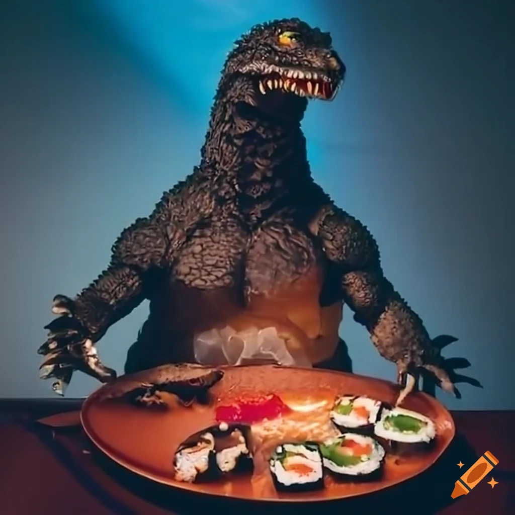 Humorous illustration of Godzilla making sushi in a restaurant on Craiyon