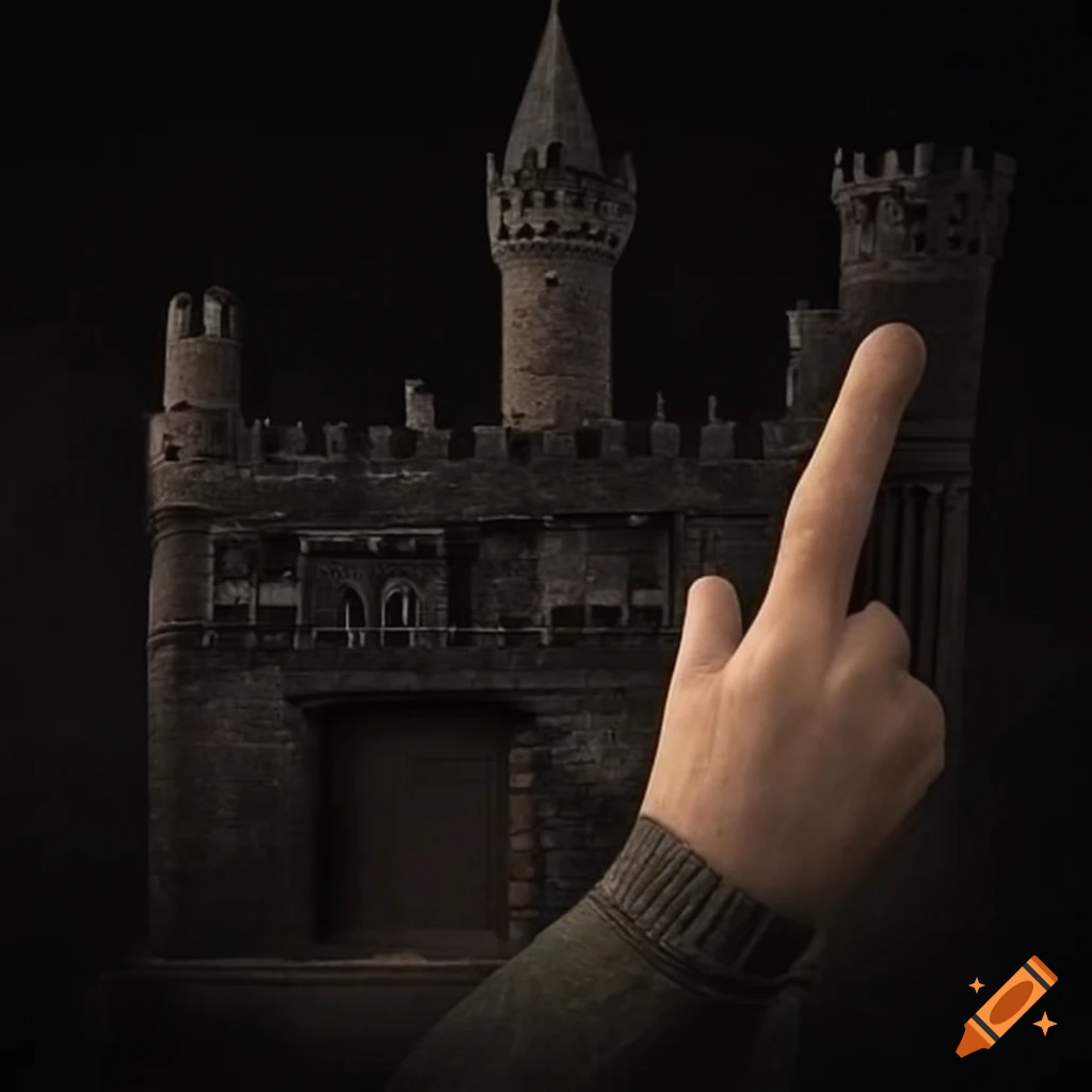 Castle with a giant finger sculpture nearby